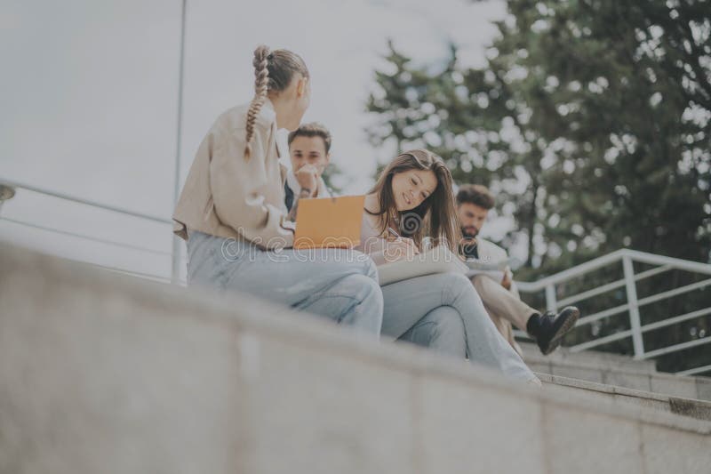 Students Collaborating Outdoor Steps Professor Guidance Stock Photos ...