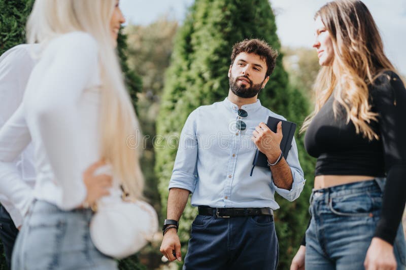 University Students Studying Outdoors, Discussing Subject Topics ...