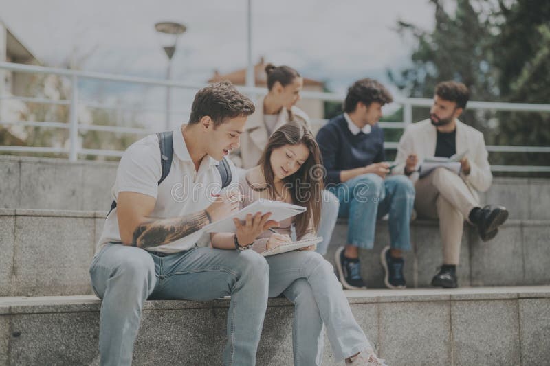 Students Collaborating with Professor Outdoors on University Campus ...