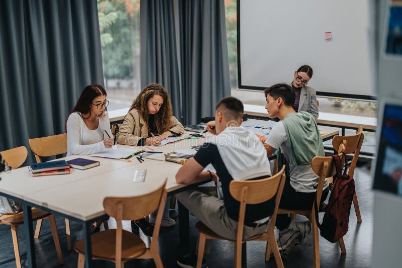 Students Collaborating on a Project in a Modern Classroom Setting Stock ...