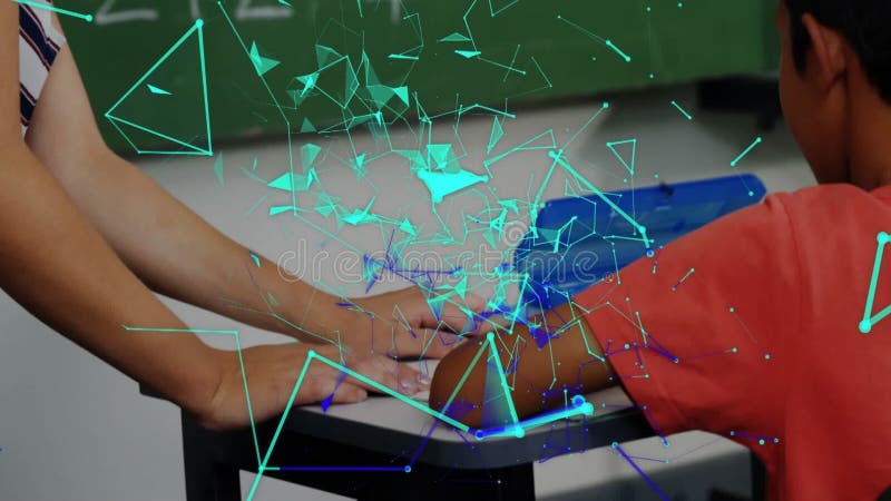 Students Collaborating at School Desk with Digital Network Animation ...