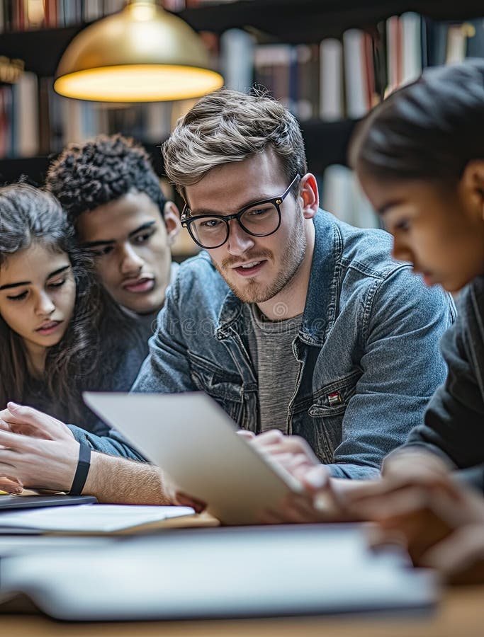 Students Collaboration Digital Tablet Library Stock Illustration ...