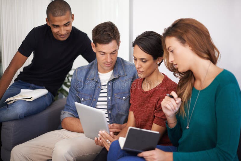 Students, College and Tablet on Sofa for Planning, Elearning or ...