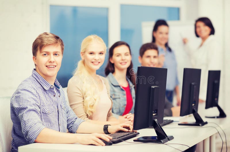 Students with Computer Monitor at School Stock Image - Image of boys ...