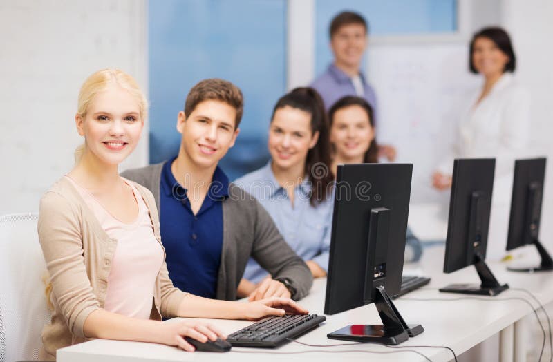 Students with Computer Monitor at School Stock Image - Image of girls ...
