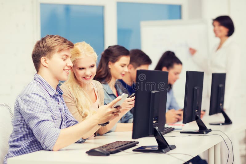 Students with Computer Monitor and Smartphones Stock Photo - Image of ...