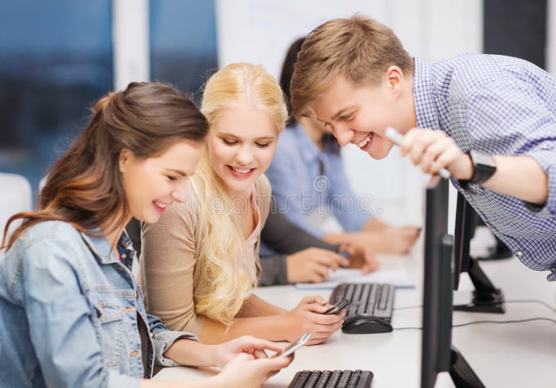 Students with Computer Monitor and Smartphones Stock Image - Image of ...