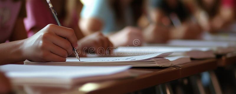 Close Up Students Focused Writing Exam Classroom Setting Stock Photos ...