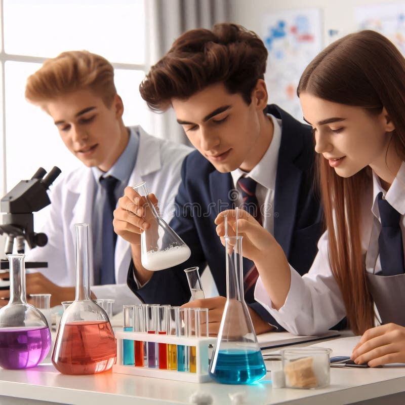 Students Conducting a Chemistry Experiment in a Classroom, Using ...