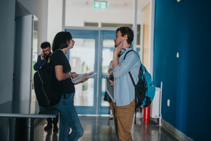 Students Engaging with Professor in University Hallway Discussion Stock ...