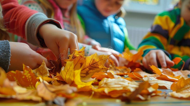 Students Crafting with Autumn Leaves for Creative Activity in Classroom ...