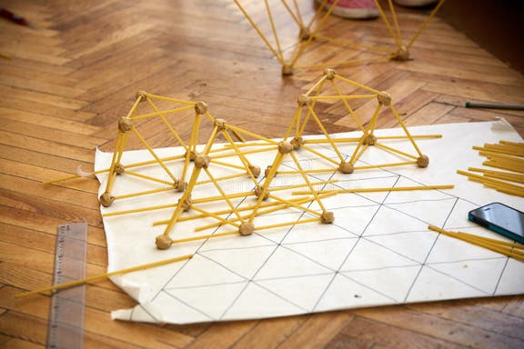 Students Create Different Designs from the Spaghetti Tower Stock Image ...