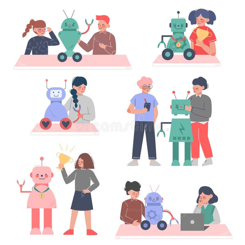 Students Creating Robots Set, Boys and Girls Engineers Characters ...