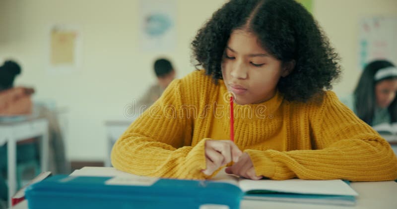 Student, Desk and Thinking with Test in Classroom, Homework or Quiz ...