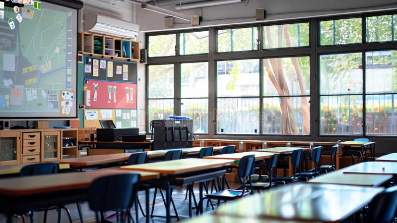 Students Desks are Arranged in a Bright Classroom with Educational ...