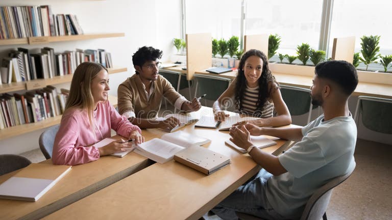 Students from Different Ethnic Groups Meet on Workshop at Library Stock Photo - Image of books ...