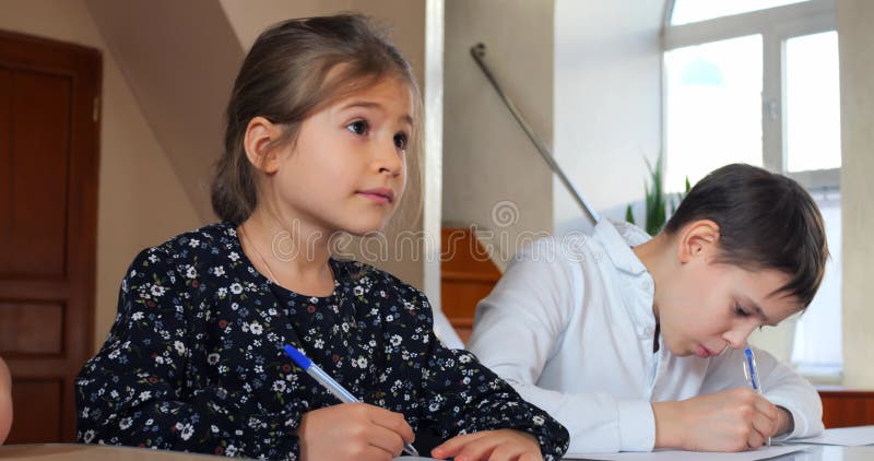 Students Working Intently at Desks, Writing and Concentrating during ...