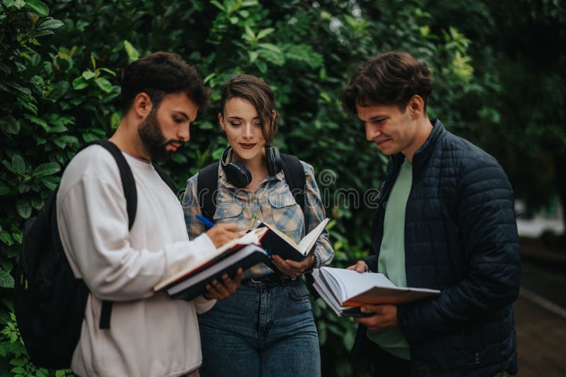 Students Discussing Notes Studying Together Outdoors Nature Stock ...