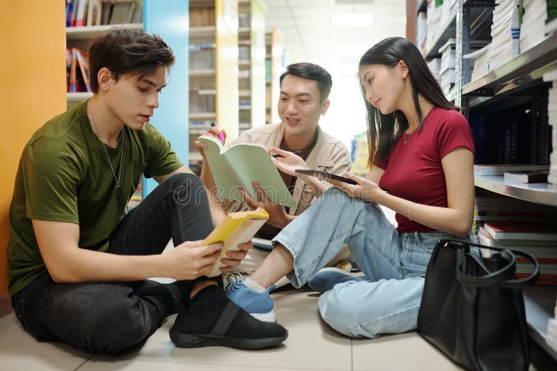 Students Discussing School Project Stock Photo - Image of bookshelf ...
