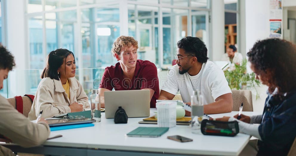 Students, Discussion or Study Group with Laptop in Cafeteria for ...