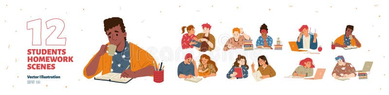 Students Do Homework, Read Books Stock Vector - Illustration of happy ...