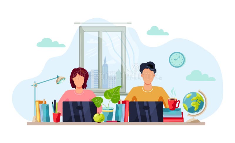 Students are Doing Homework on Laptop Stock Vector - Illustration of ...