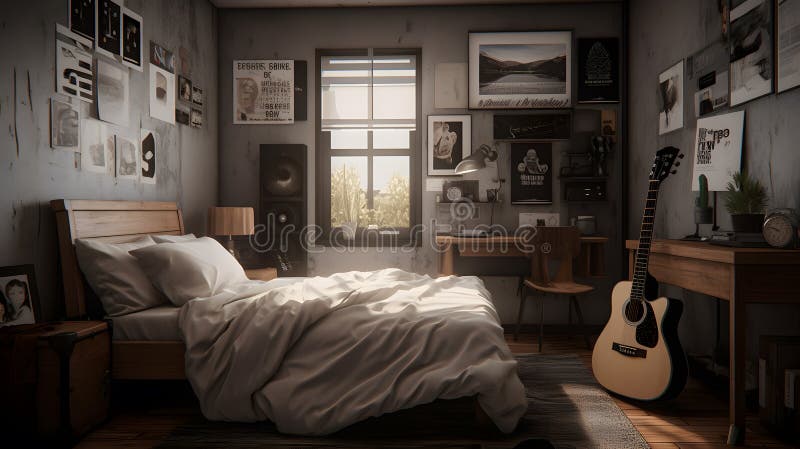 A Students Dorm Room with a Guitar on the Bed and Posters Two Created ...