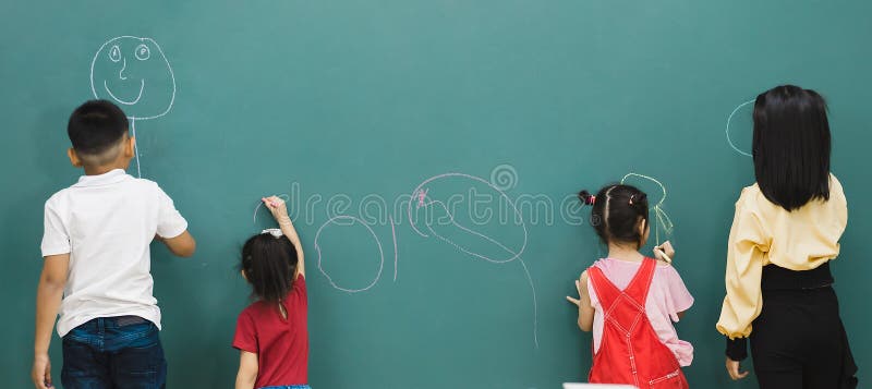 Students Drawing on Green Board Stock Photo - Image of children ...