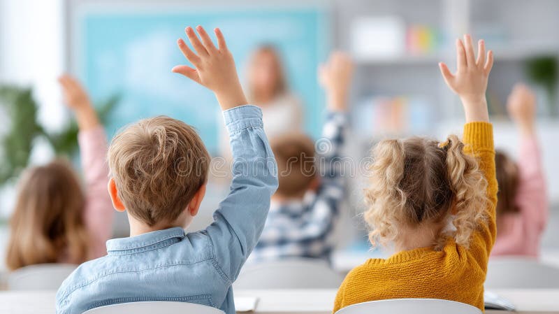 Students Eagerly Raising Hands during Classroom Lesson, Seeking School ...