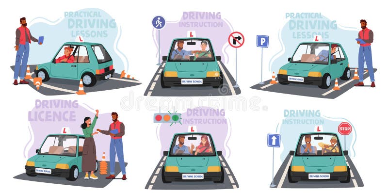 Car Driving Practice Test with Red Cones. Student Driver Driving a Blue ...