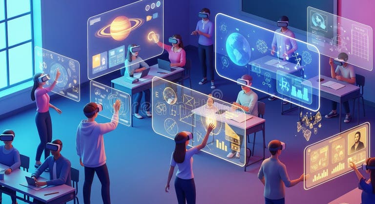 Students Engage in Immersive Virtual Reality Education, Interacting with Holographic Displays of ...