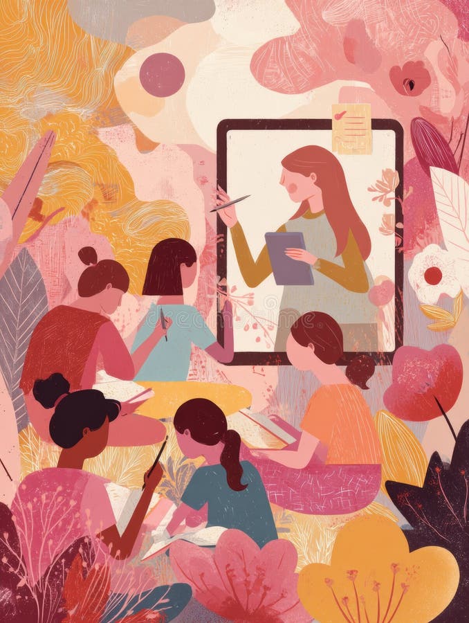 Online Art Class with a Virtual Teacher Guiding Students As they Sketch ...