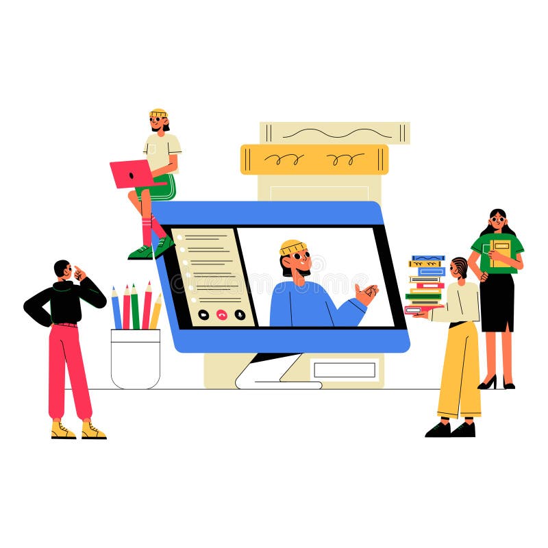 Online Learning Platform with Students and Teacher in Flat Vector ...