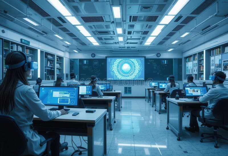 Students Engage in Virtual Reality Learning in a Modern Classroom Stock ...