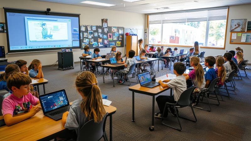 Students Engaged in Classroom Learning with Laptops and Digital ...