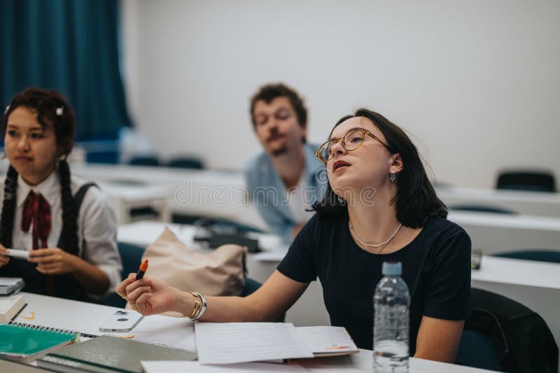 Students Engaged in Classroom Tasks with Professor Assistance Stock ...