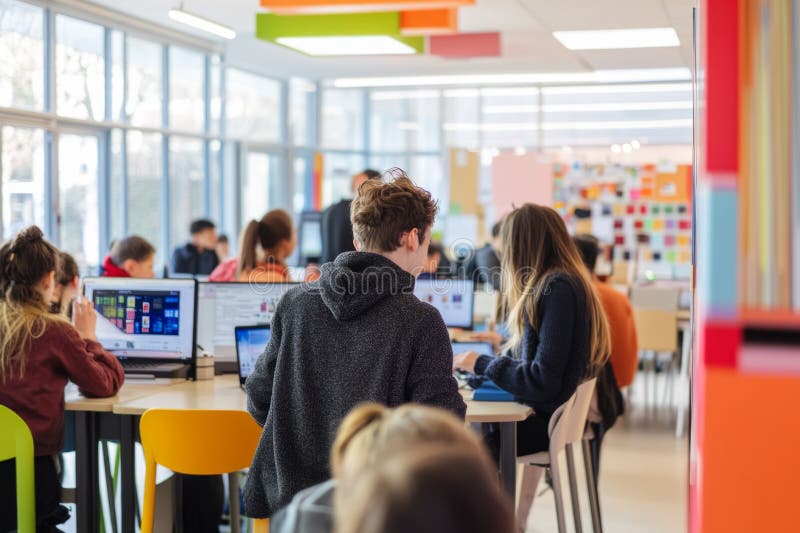 Students Engaged in Collaborative Work at a Vibrant Learning Space. the ...