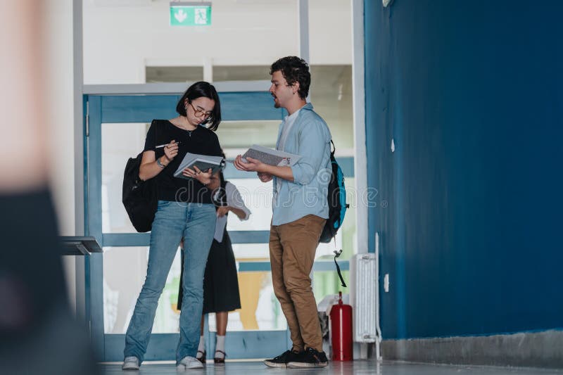 Students Engaged in Discussion with Professor in Hallway Stock Photo ...