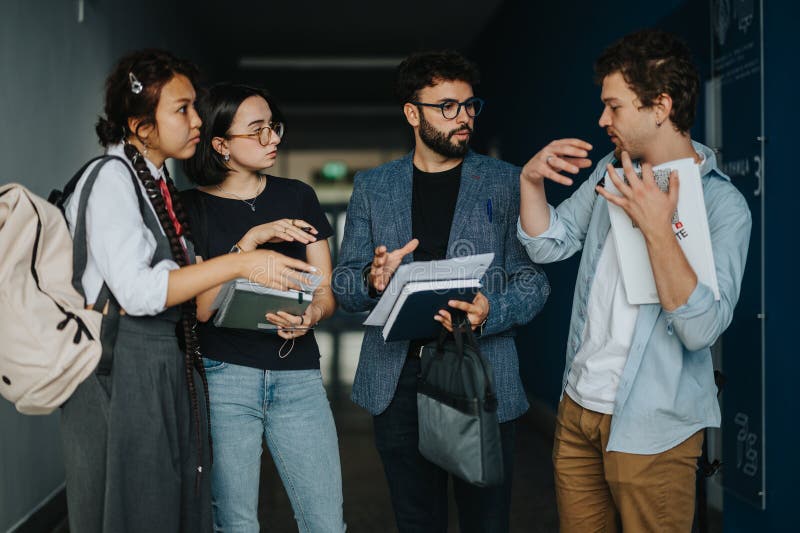 Students Engaged in Discussion with Professor in University Hallway ...