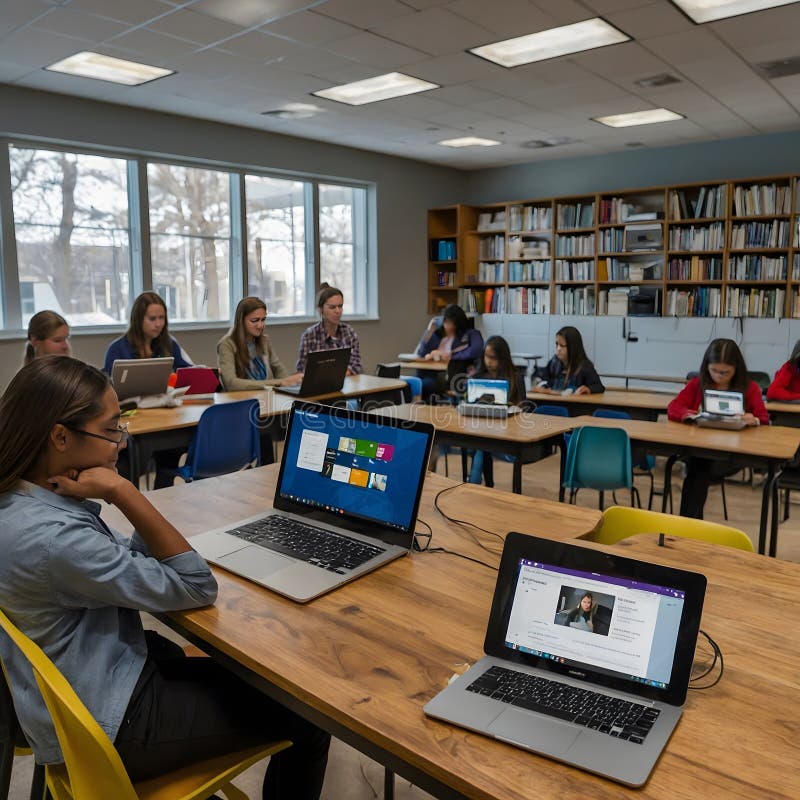 Students Engaged in Hybrid Learning with Tablets and Laptops in a ...