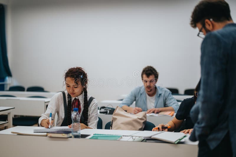 Students Engaged in Learning with Professor Assisting during Class ...