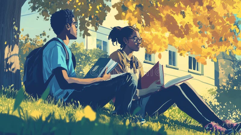 Students Enjoy Reading Quietly Under a Tree in a Vibrant Autumn Setting ...