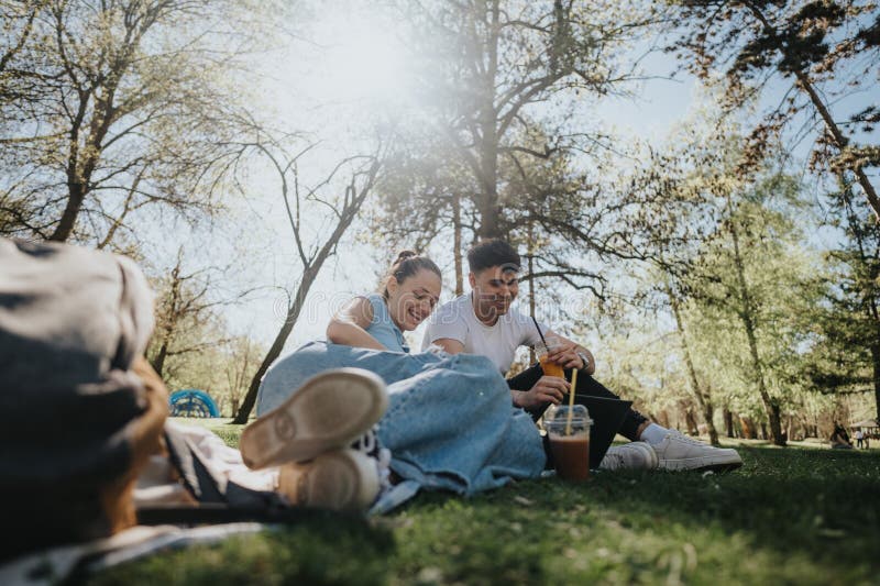 Students Enjoying a Relaxing Break in a Sunny Park with Refreshing ...