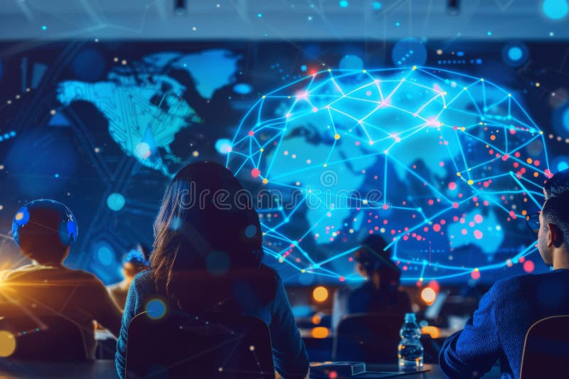 Students Exploring Futuristic Digital World Map Display Stock Illustration - Illustration of ...