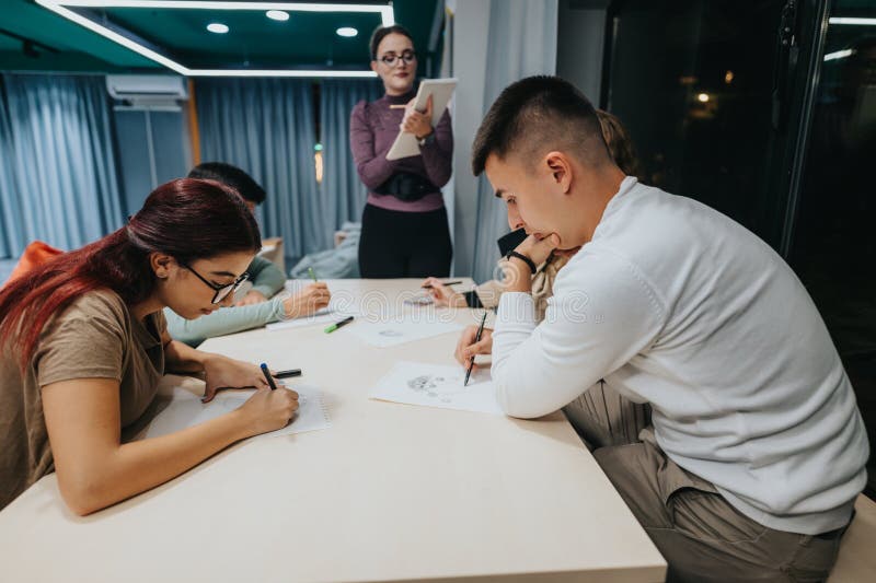Students Focused on Drawing Exercise in Modern Classroom Stock Photo ...