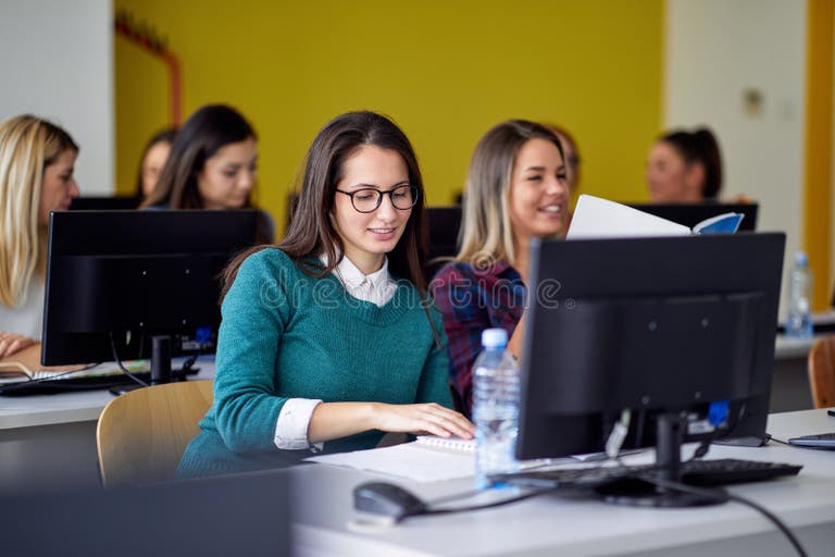 Students in Front of Computers at the Informatics Lecture. Smart Young ...