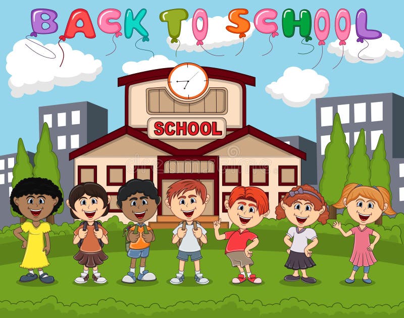 Students in Front of School with Balloon Back To School Cartoon Stock ...
