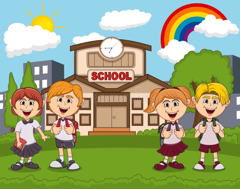 Students In Front Of School With Balloon Back To School Cartoon Stock ...