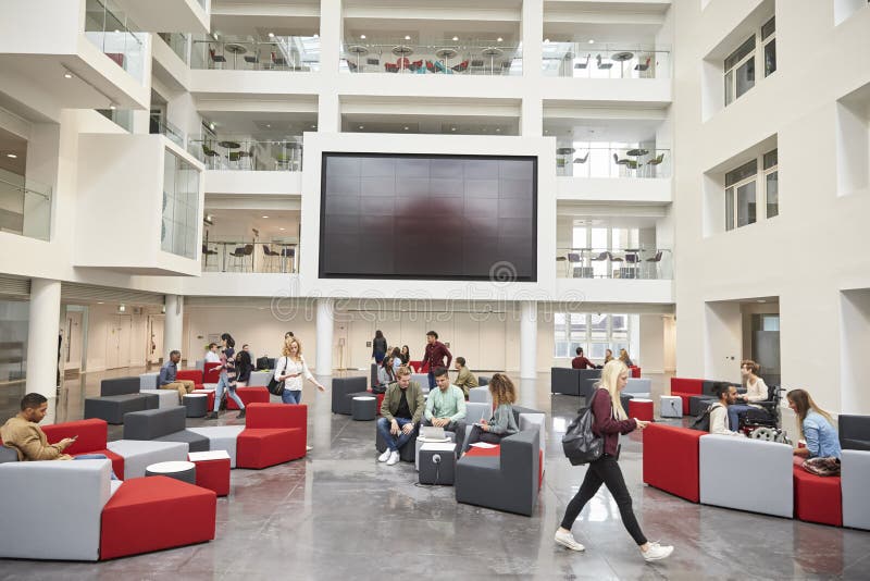 Students in Front of Screen in Atrium of Modern University Stock Image ...