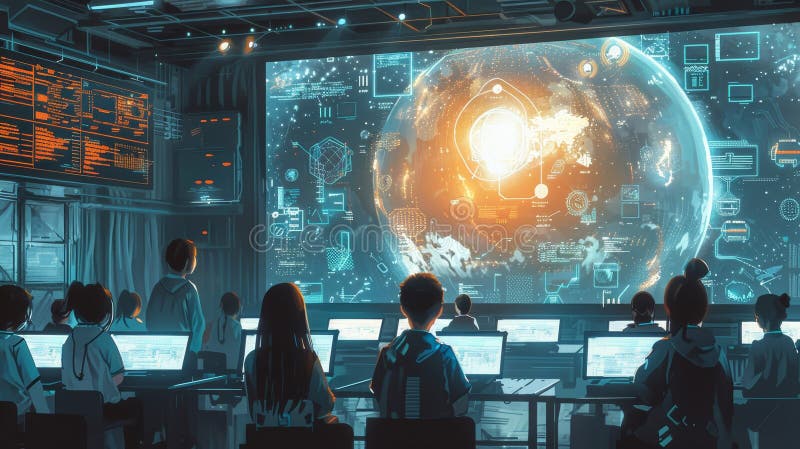 Students in a Futuristic Classroom Engage in Collaborative Learning ...